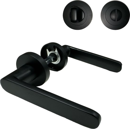 Deurklink Op Rond Rozet met Badkamer/WC-Slot - Mat Zwart - Deurkruk - Deurbeslag Set -... | bol