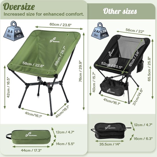 Opvouwbare campingstoel, verhoging hoogte en breedte, licht, draagbaar ...