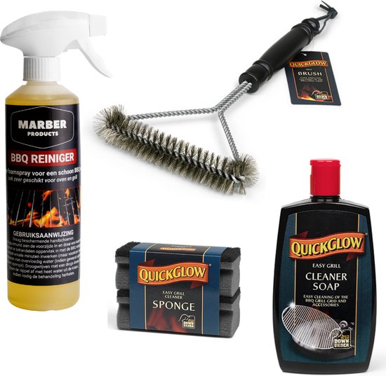 QuickGlow - BBQ cleanerset SPRAY: BBQ Borstel + BBQ Grill Sponzen(2 ...
