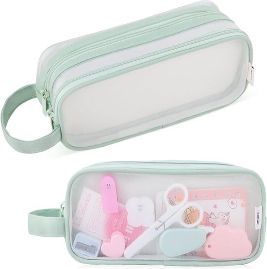 2 Compartiment Etui Clear Mesh Pen Pouch Grid Make-up Cosmetica Tas ...