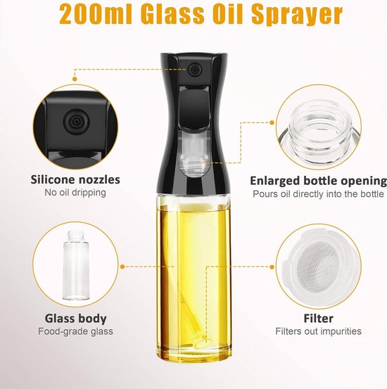 2-delige oliespray voor de keuken, van glas, 200 ml, spuitfles voor ...