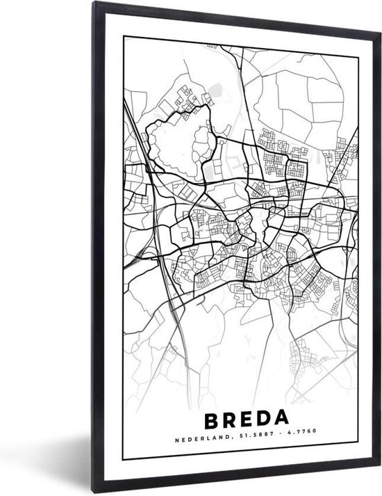 Fotolijst incl. Poster - Kaart - Breda - Zwart - Wit - 80x120 cm ...