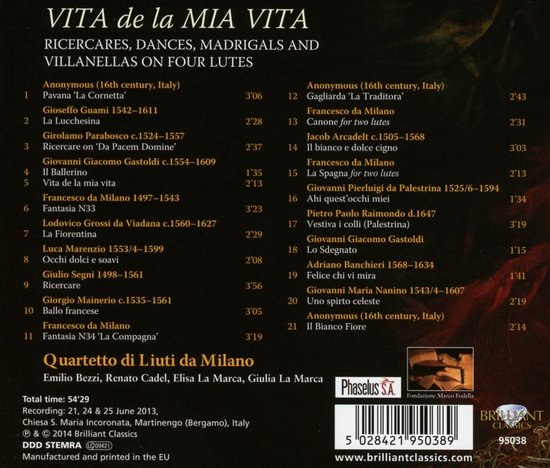 Quartetto Di Liuti Da Milano - Vita De La Mia Vita (CD), Quartetto Di ...