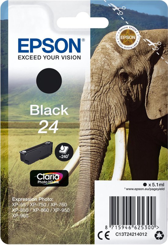 Epson Elephant Singlepack Black 24 Claria Photo HD Ink | bol