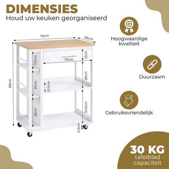 Keukentrolley op wieltjes - Keuken trolley met lade - Houten werkblad ...