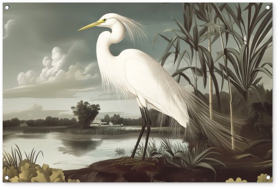 Tuinposter 120x80 cm - Tuindecoratie Reiger - Planten - Wolken - Wit ...