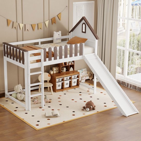 Sweiko Hoogslaper - 90x200cm - met Glijbaan - Den + MDF - Wit ...
