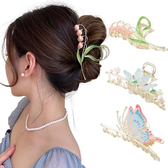3 Stuks Bloemen Metalen Haarspelden voor Dames - Grote Haarklemmen voor ...