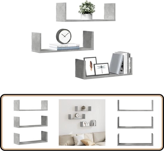 vidaXL - Wandschappen - 3 - st - 58x18x18 - cm - bewerkt - hout - betongrijs | bol