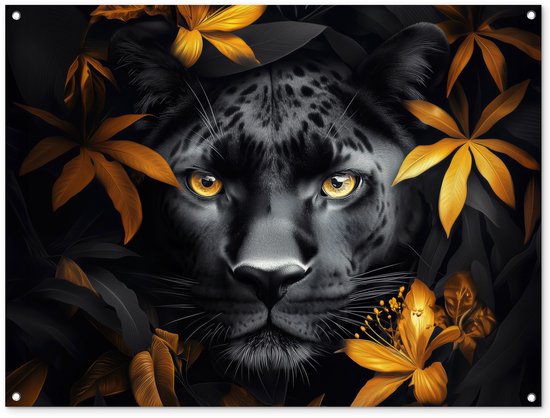 Tuinposter 120x90 cm - Tuindecoratie Zwarte panter - Bloemen - Goud ...