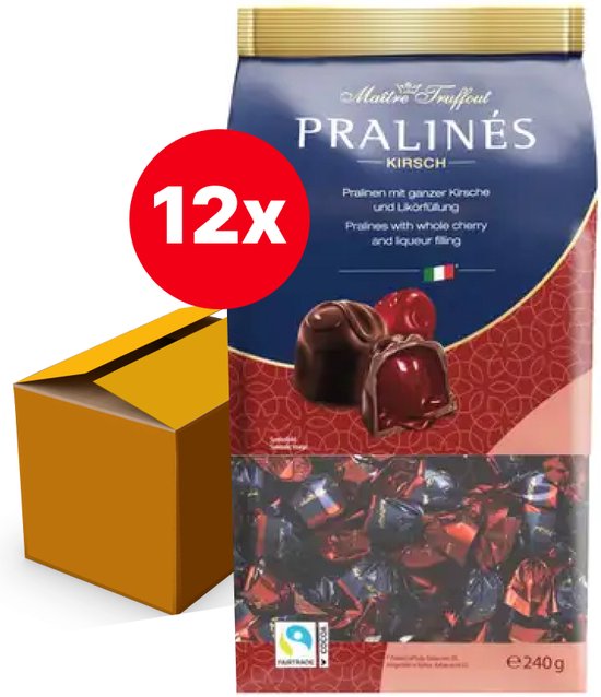 Praline pure chocolade met kersen en likeur 4% vol. 240g - Doos 12 ...