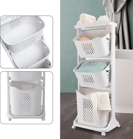 Bestelblij® - Wasmand - Staand - 3 lagen - Wit - Met wielen | bol