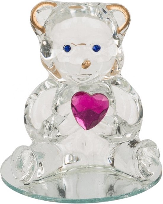 Glazen beeldje - Beer met hartje Fuchsia roze | bol