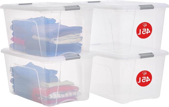 Set van 4 plastic opbergdozen - 45L - BPA vrij - transparant - 39 x 58 ...