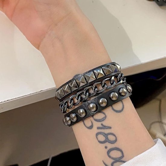 Zwart Punk Studded Armband Set - 3 stuks, Verstelbaar Lederen Armbanden ...