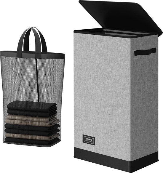 Opvouwbare wasmand met deksel - 70 l - gebroken wit - met afneembare waszak | bol