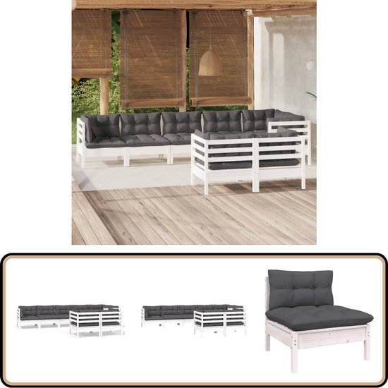 vidaXL Loungeset - 8-delig - Grenenhout - Wit Loungeset - Tuinlounge ...