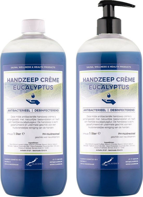 Handzeep Crème Eucalyptus 1 liter - set van 2 stuks - met gratis pomp | bol