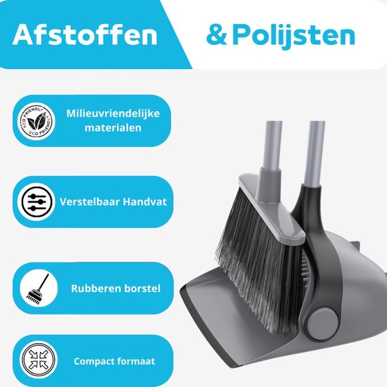 Veegborstel - Bezem en Stoffer Set met Lange Steel - Grijs | bol