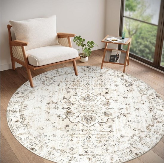 Vintage Rond Tapijt - 160cm - Beige - Wasbaar Antislip Vloerkleed ...