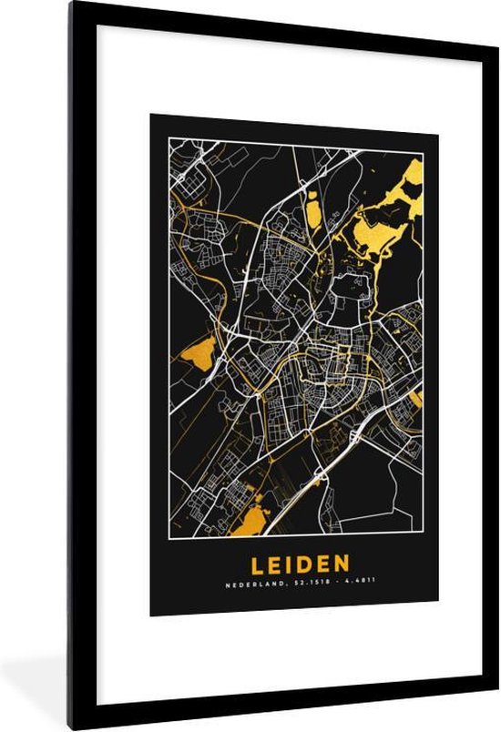 Fotolijst incl. Poster - Kaart - Leiden - Goud - Zwart - 80x120 cm ...