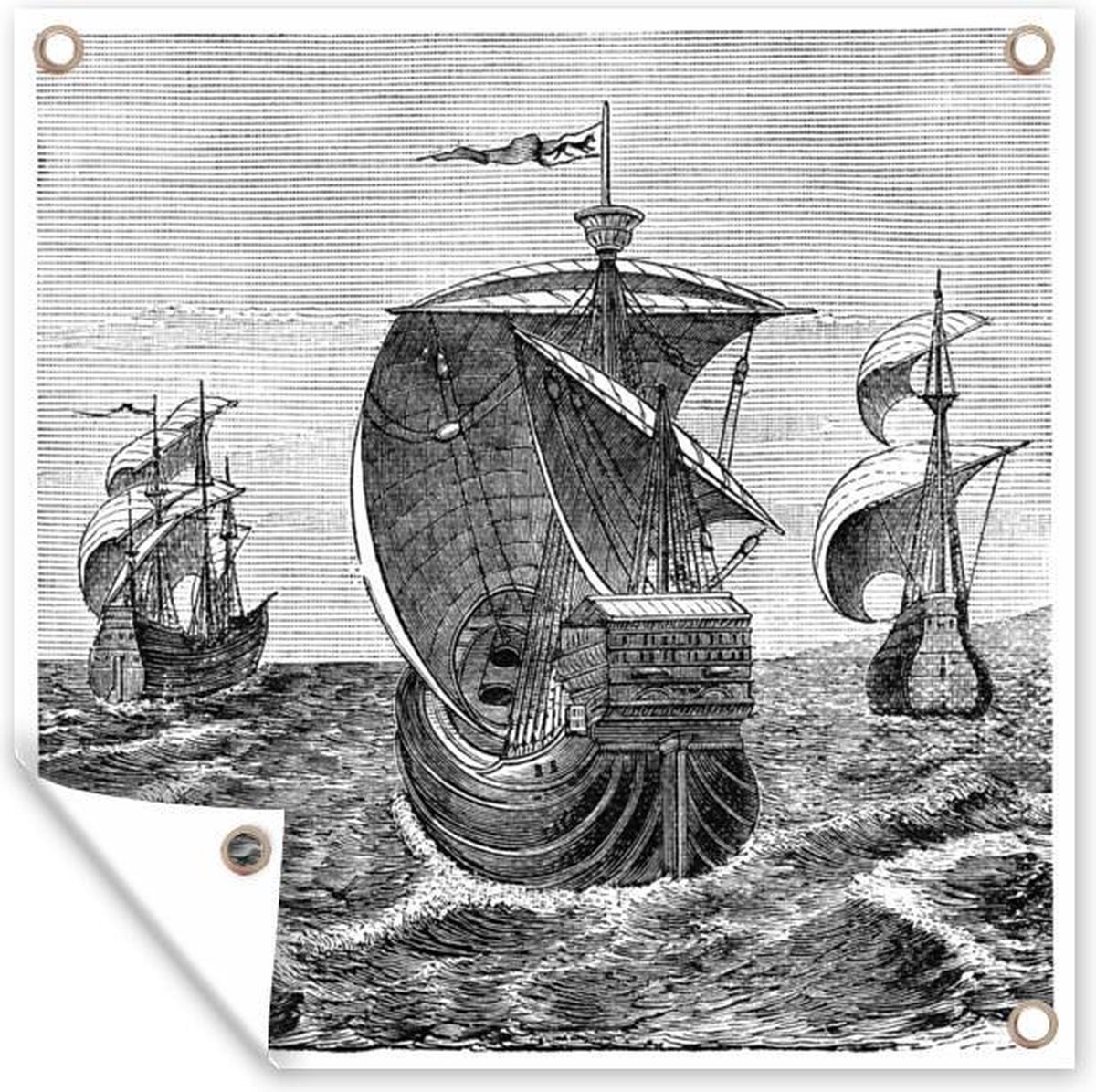 Muurdecoratie buiten tekening van drie schepen van Christoffel Columbus ...