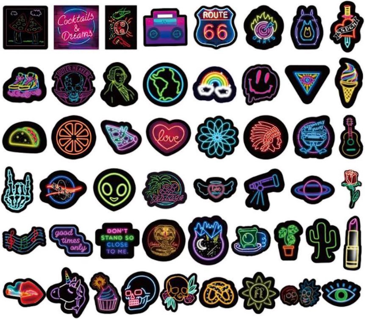 50 Neon Licht Stickers – Watervast & UV Bestendig – 50 Verschillende ...