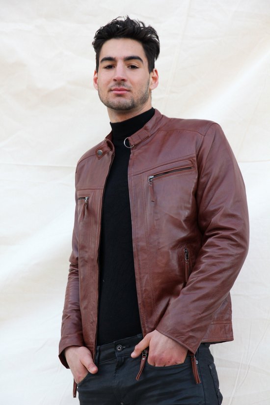 GILL'S PHANTOM COGNAC - Heren Leren Jas - Biker Jack - 100% Lamsleer ...
