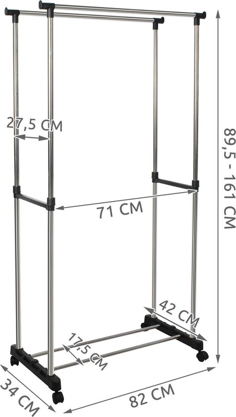 Dubbel Verrijdbaar Kledingrek Op Wielen - Stevig Mobiel Verstelbaar ...
