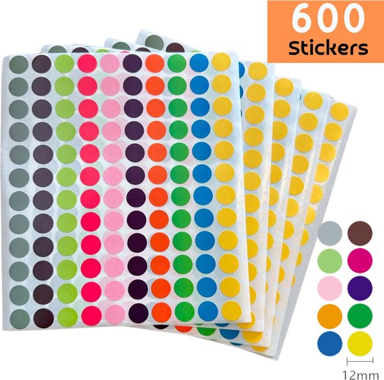 Puntstickers in 10 kleuren - 600 ronde stickers 12MM - Organisatie ...