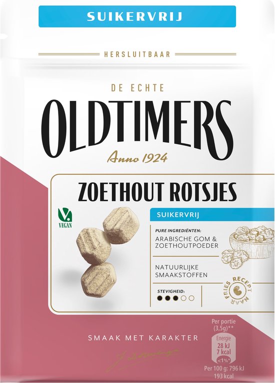Oldtimers - Drop - Zoethout Rotsjes Suikervrij - 12 zakjes - 100 gram | bol