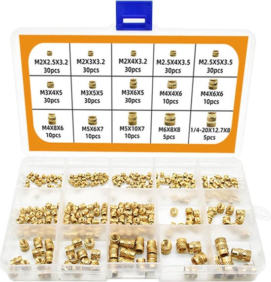 300 stuks schroefdraadinzetstukken, M2, M2,5, M3, M4, M5, M6, inpersmoeren, messing... | bol