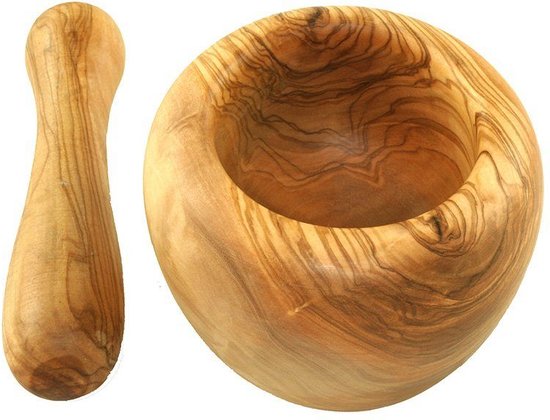 D.O.M. Handgemaakte Olijfhouten Vijzel ronde met Stamper, Ø 14 cm ...