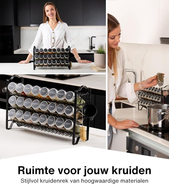 3-Laags Metalen Kruidenrek Organizer - 24 Kruidenpotjes - 48 Etiketten ...