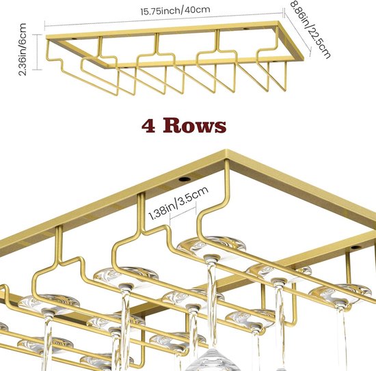 4 Rows Stemware Rack - Under Cabinet Wine Glass Holder Storage Hanger ...
