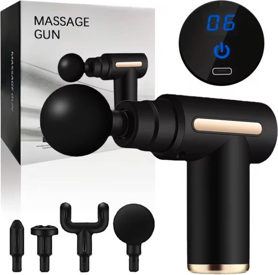 Massage Gun - Professioneel - 4 opzetstukken - 6 snelheden - Zwart | bol