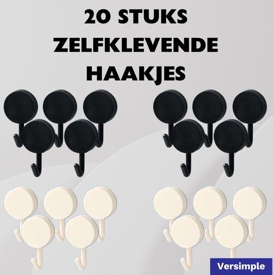 Versimple - 20 Stuks Zelfklevende Haakjes - Sterk en Zonder Boren ...