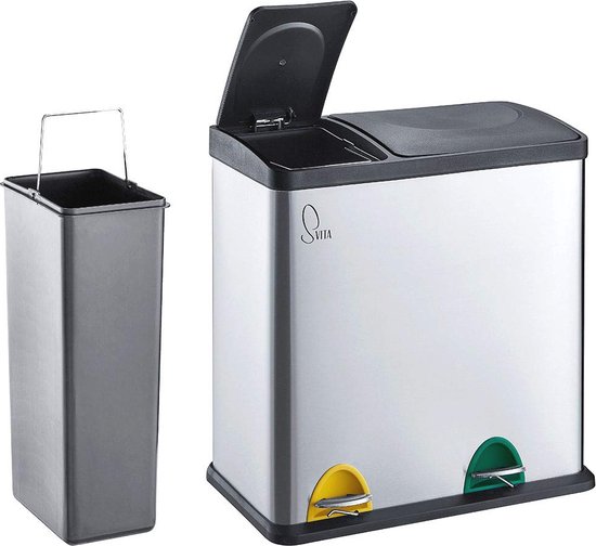 Roestvrijstalen Vuilnisemmer 35 Liter met Dubbele Afvalscheiding - 2 ...