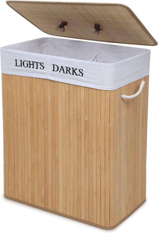 Opvouwbare Bamboe Wasmand met Deksel en 2 Secties - 100L | bol