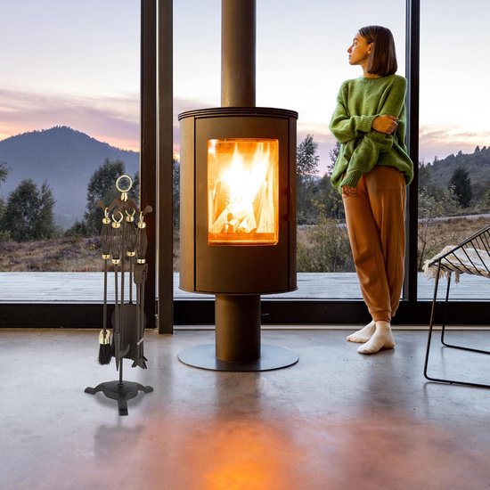 Haardset 5-delig met pook, asschep, borstel, tang & standaard - ijzeren ...