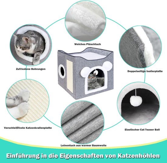 Opvouwbaar kattenhuis 2 lagen met krabplank en speelbal - Grijs 42 x 40 ...
