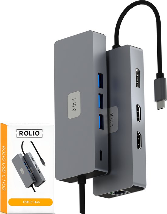 Rolio USB C Hub - Triple Monitor - 2x HDMI 4K - 1x DisplayPort - 1x Ethernet 1Gbps -... | bol