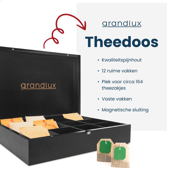 Grandlux Theedoos 12 Vaks - Magneetsluiting - Ruime Vakken voor ...