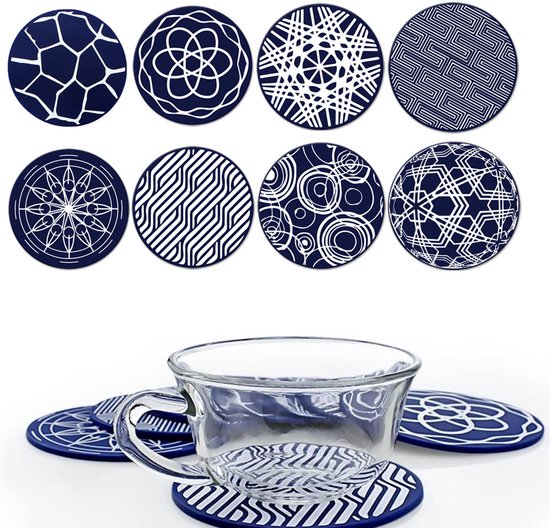 Set van 8 - 9.8 cm - Onderzetters - Blauwe ronde siliconen onderzetters ...
