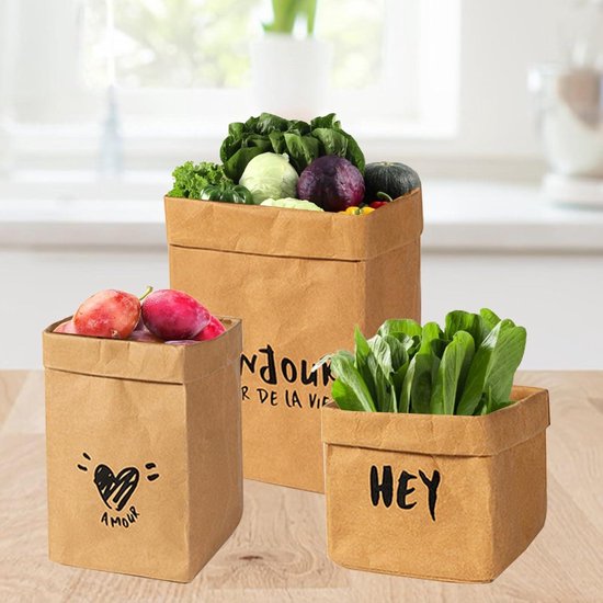 Set of 3 Brown Kraft Paper Bags for Refrigerator - Waterproof Reusable ...