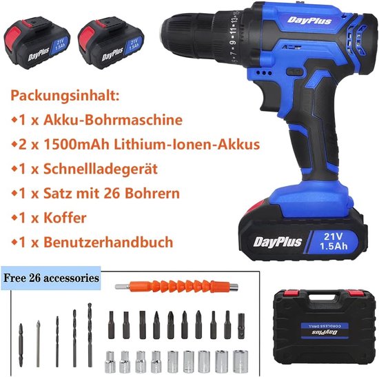 Accuboormachine - 21V - 45 Nm - 2 Lithiumbatterijen 1500 mAh | bol