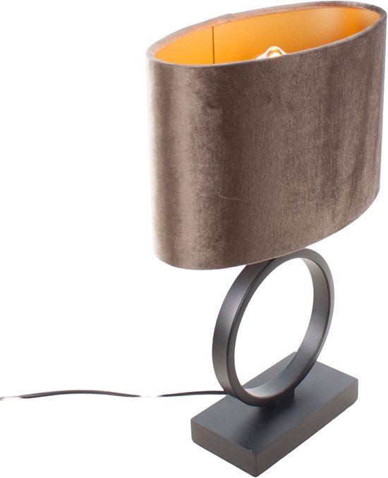 Zwarte tafellamp Sienna met ovale velours kap | 1 lichts | bruin ...