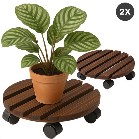 Cheqo® Houten Plantentrolley Met Wieltjes 2 Stuks - Plantenroller ø 30 ...