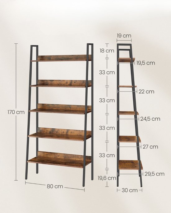 MAZAZU - Ladderkast - 5 planken - Bruin - 80x30x170 | bol