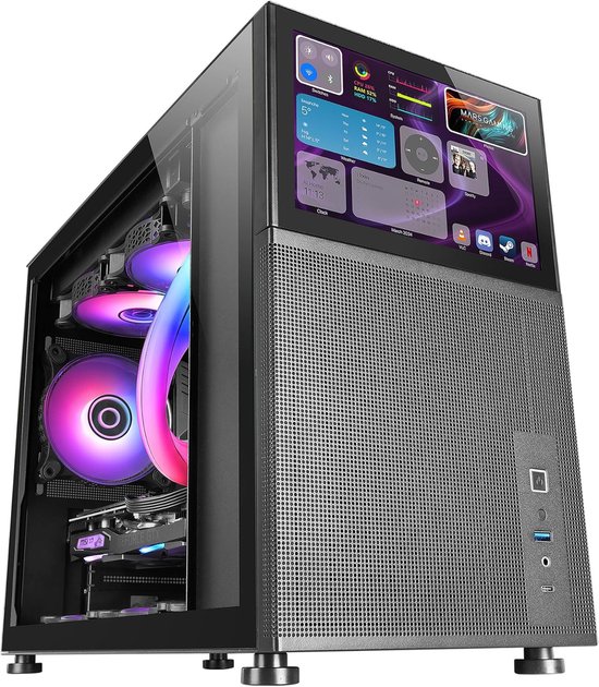 Compacte Micro-ATX Gaming PC Behuizing met 8" IPS LCD Scherm en Gehard ...